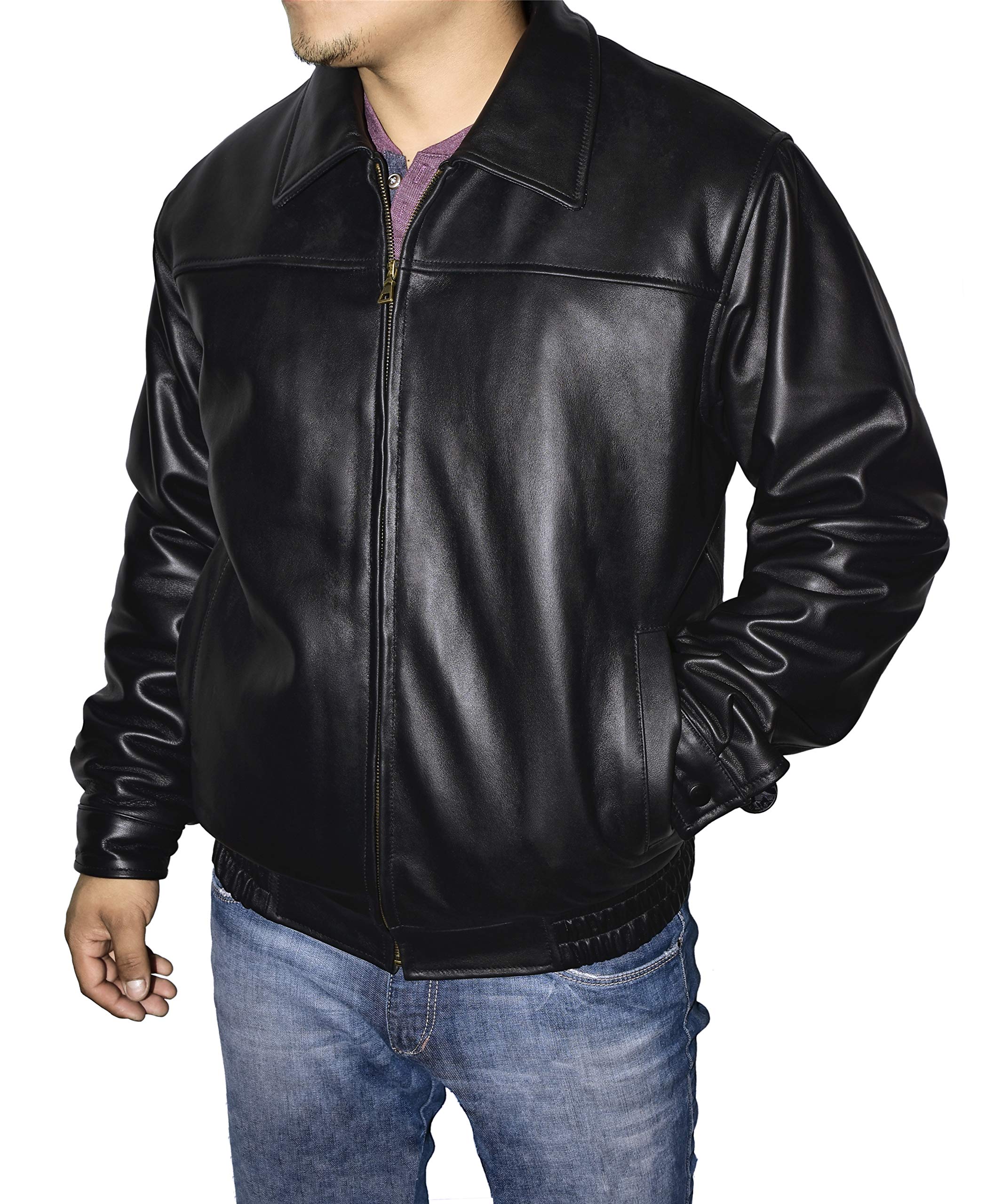 Victory Outfitters Men's Lambskin Genuine Leather Classic Bomber Jacket Mens Leather coat with Zip Out Liner - Black - XXL