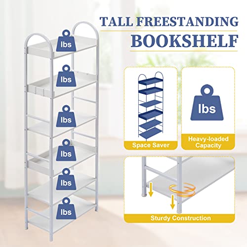 DHAEY 70.8 Inch Tall Bookshelf,6-Tier Bookcase Shelf with Round Top and Hooks,Metal Book Shelf Display Shelf Storage Organizer with MDF Boards & Adjustable Foot Pads for Office Small Space,White