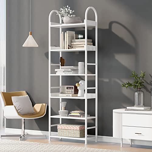 DHAEY 70.8 Inch Tall Bookshelf,6-Tier Bookcase Shelf with Round Top and Hooks,Metal Book Shelf Display Shelf Storage Organizer with MDF Boards & Adjustable Foot Pads for Office Small Space,White