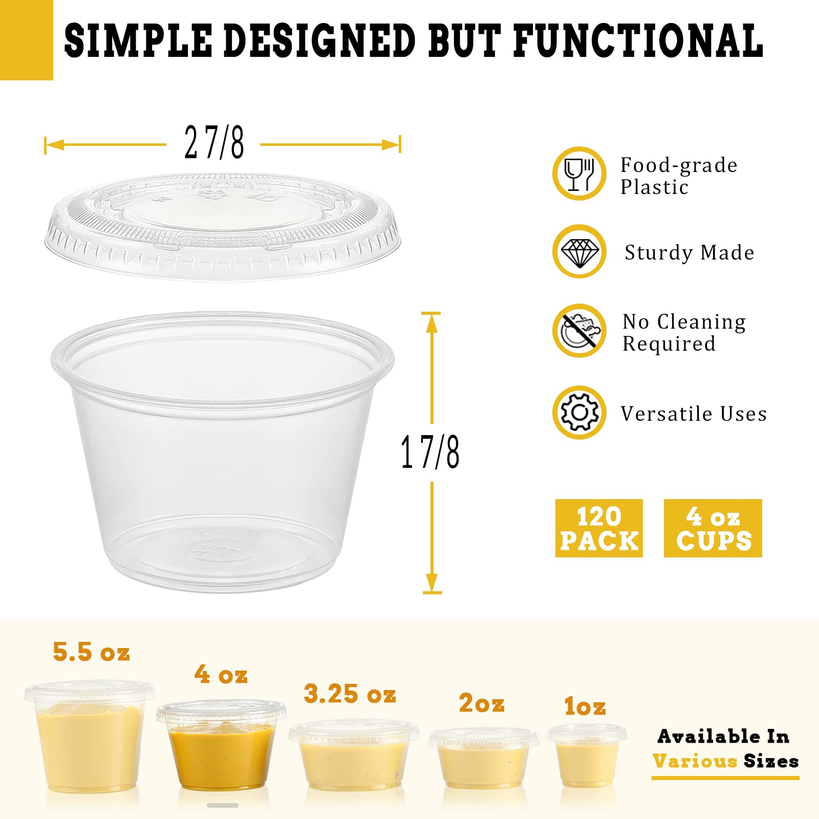 VITEVER [120 Sets - 4 oz ] Portion Cups With Lids, Small Plastic Containers with Lids, Airtight and Stackable Souffle Cups, Jello Shot Cups, Sauce Cups, Condiment Cups for Lunch, Party, Trips