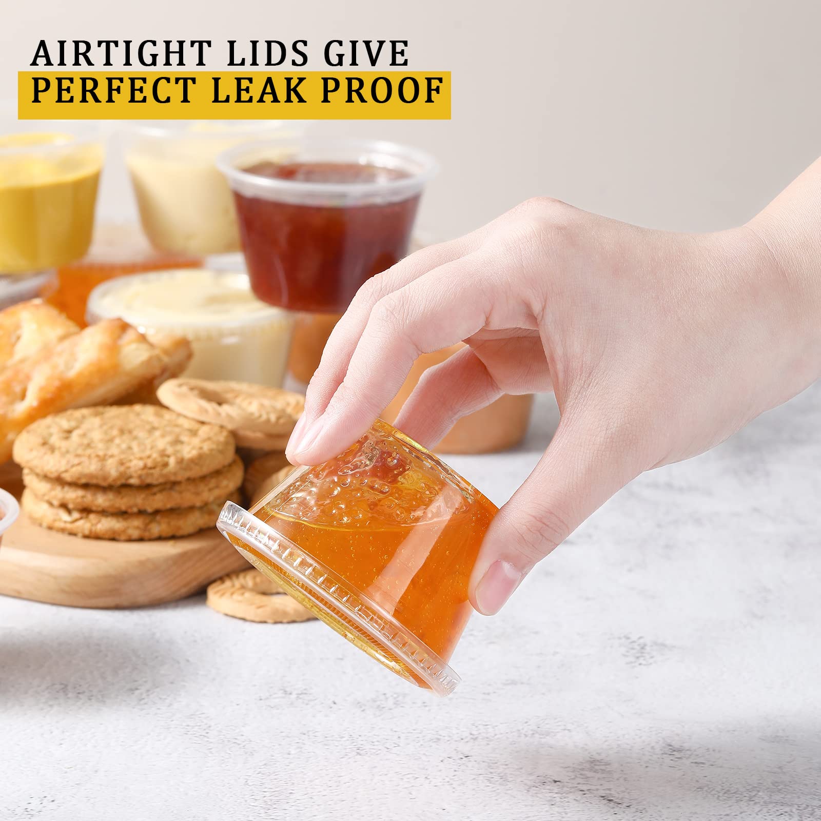 VITEVER [120 Sets - 4 oz ] Portion Cups With Lids, Small Plastic Containers with Lids, Airtight and Stackable Souffle Cups, Jello Shot Cups, Sauce Cups, Condiment Cups for Lunch, Party, Trips
