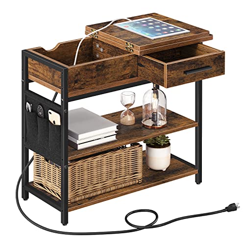 MASHOOPS Narrow End Table, Side Table with Charging Station, End Table with USB Ports and Outlets, Nightstand with Charging Station, Side Tables Living Room, Bedroom, Rustic Brown