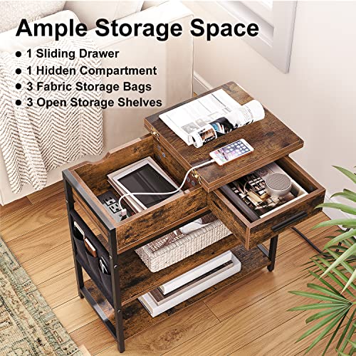 MASHOOPS Narrow End Table, Side Table with Charging Station, End Table with USB Ports and Outlets, Nightstand with Charging Station, Side Tables Living Room, Bedroom, Rustic Brown