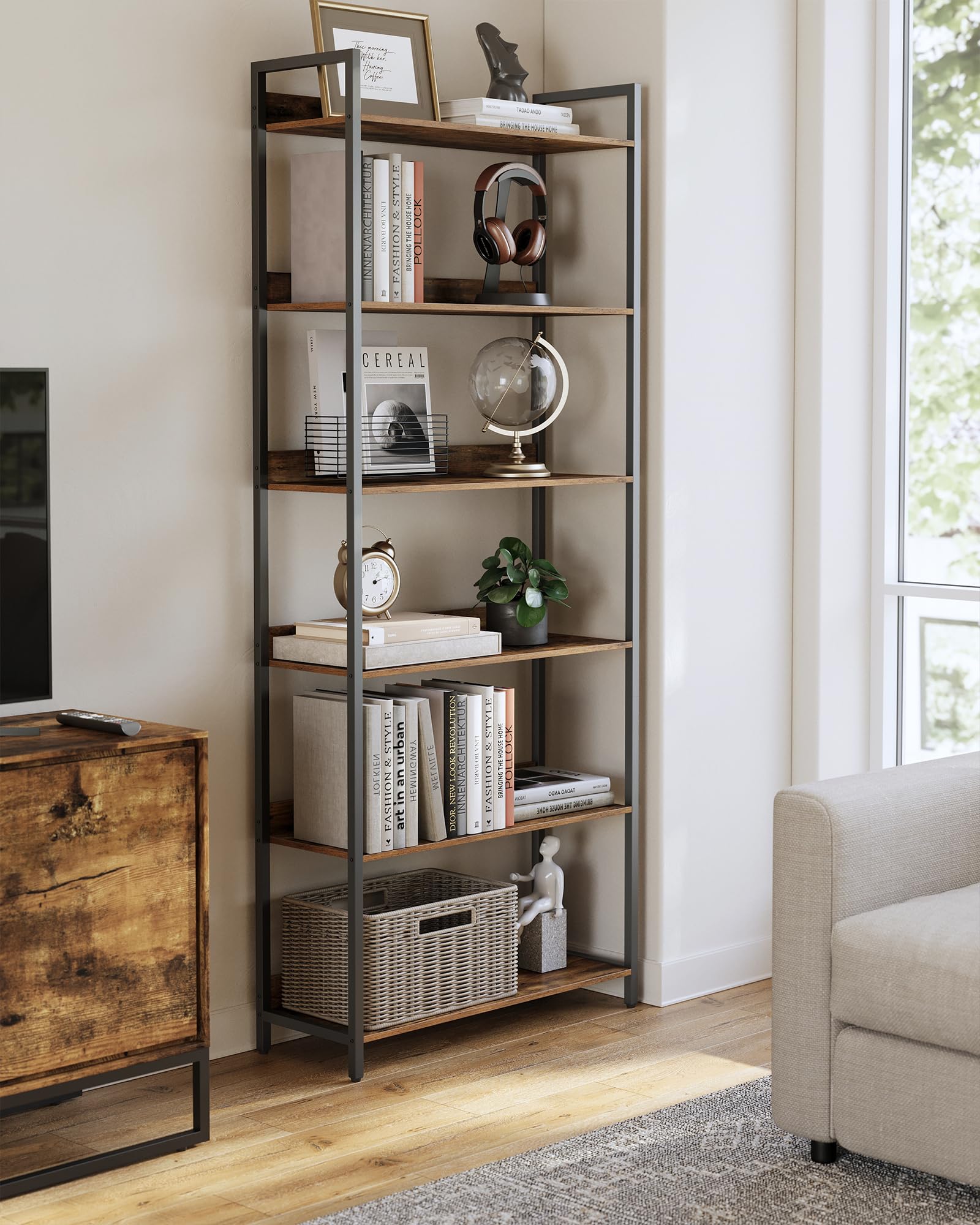 Surksis 6-Tier Bookshelf, Large Bookshelf, Industrial Bookcase with Open Shelves, Tall Book Shelf for Living Room, Home Office, Study, Bedroom, 11 x 29.9 x 72.5 Inches, Rustic Brown and Black