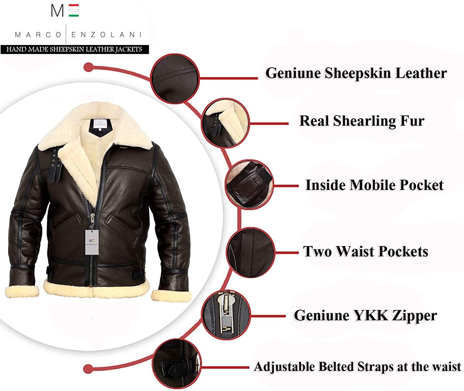 MARCO ENZOLANI B3 Bomber Jacket Aviator Real Shearling B3 Bomber Jacket Winter (Brown, xl)