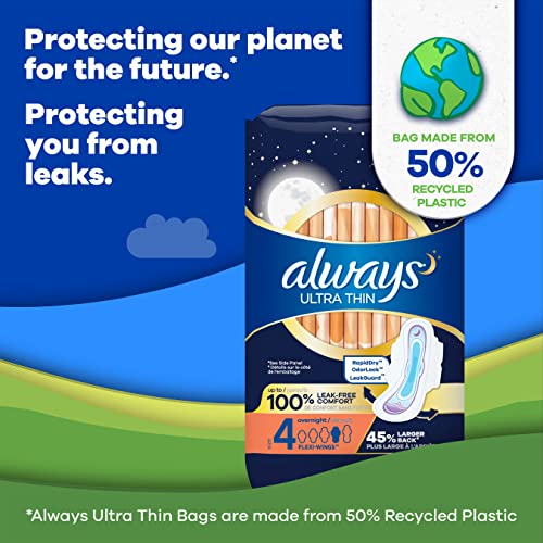 Always Ultra Thin Feminine Pads For Women, Size 4 Overnight Absorbency, Multipack, With Wings, Unscented, 50 Count (Pack of 3), 150 Count Total