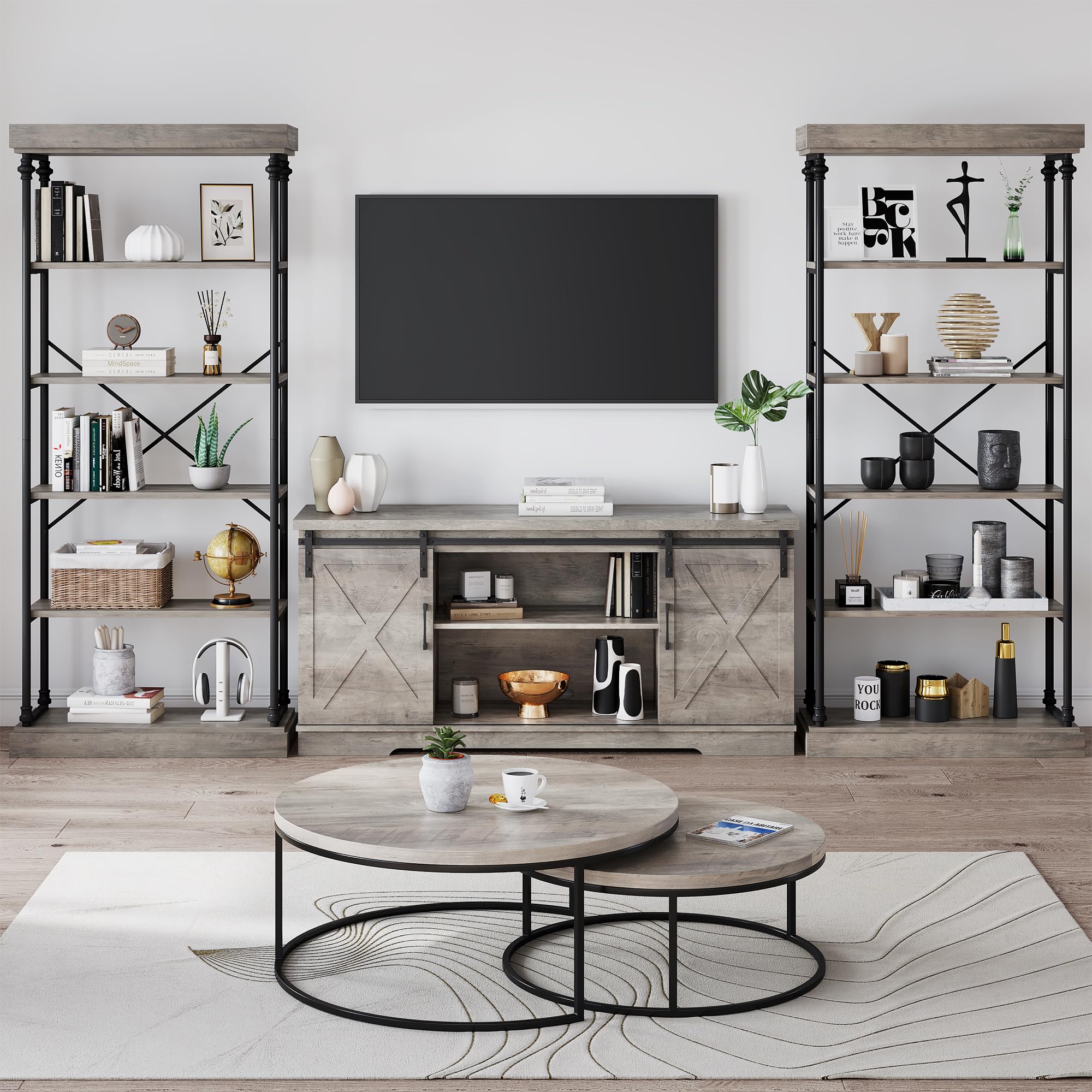 IDEALHOUSE Industrial Bookshelf Wood Bookcase 6 Tier Storage Open Rack Shelf with Metal Frame Rustic Tall Standing Bookshelves Large Grey Display Rack for Bedroom,Living Room and Home Office