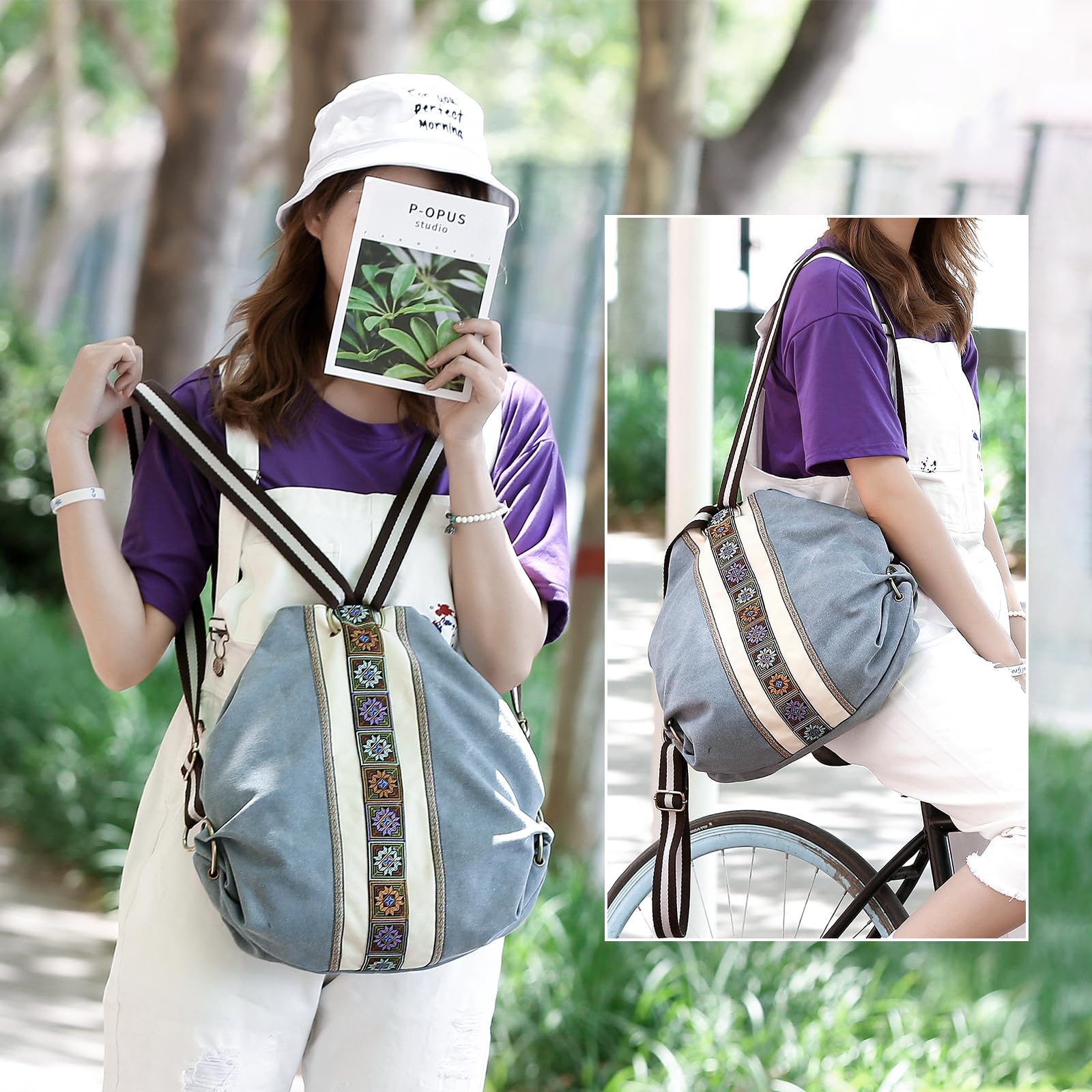 Goodhan Women Canvas Backpack Daypack Casual Shoulder Bag, Vintage Heavy-duty Anti-theft Travel Backpack (Blue Grey)