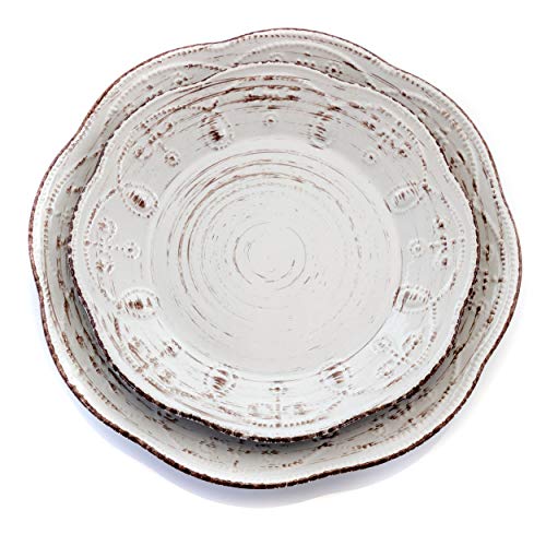 Elama Rustic Birch 16 Piece Embossed Scalloped Stoneware Round Dinnerware Set in White with Brown Accents