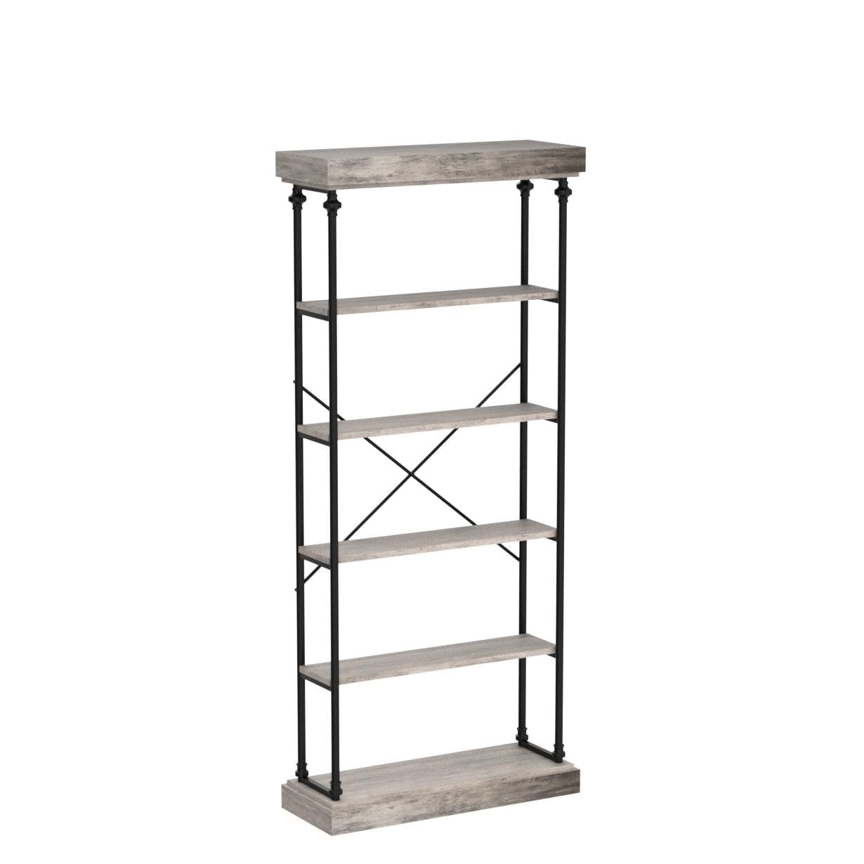 IDEALHOUSE Industrial Bookshelf Wood Bookcase 6 Tier Storage Open Rack Shelf with Metal Frame Rustic Tall Standing Bookshelves Large Grey Display Rack for Bedroom,Living Room and Home Office