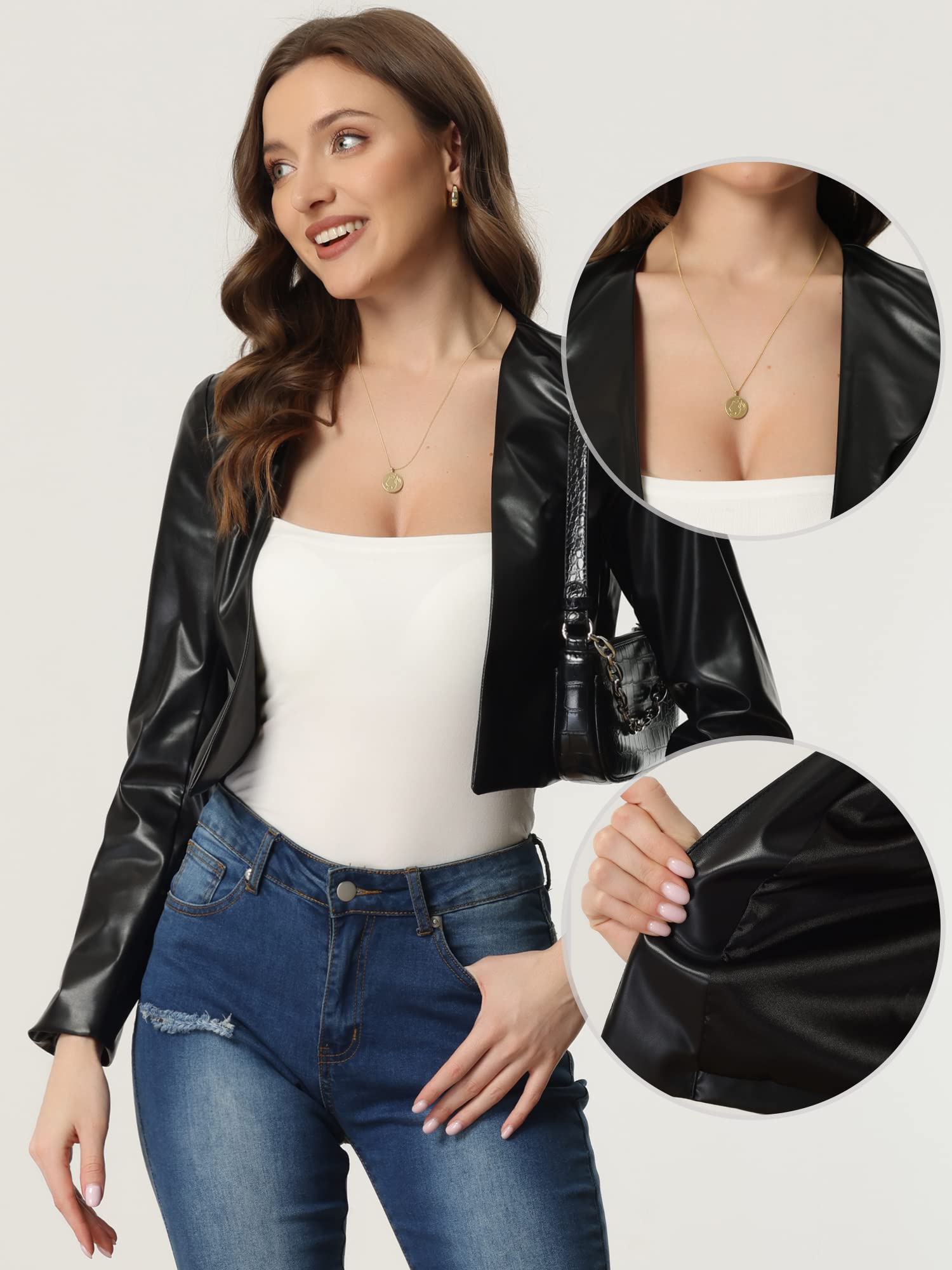 Allegra K Faux Leather Jacket for Women's Long Sleeve Short Coat Moto Biker Cropped PU Jackets X-Small Black