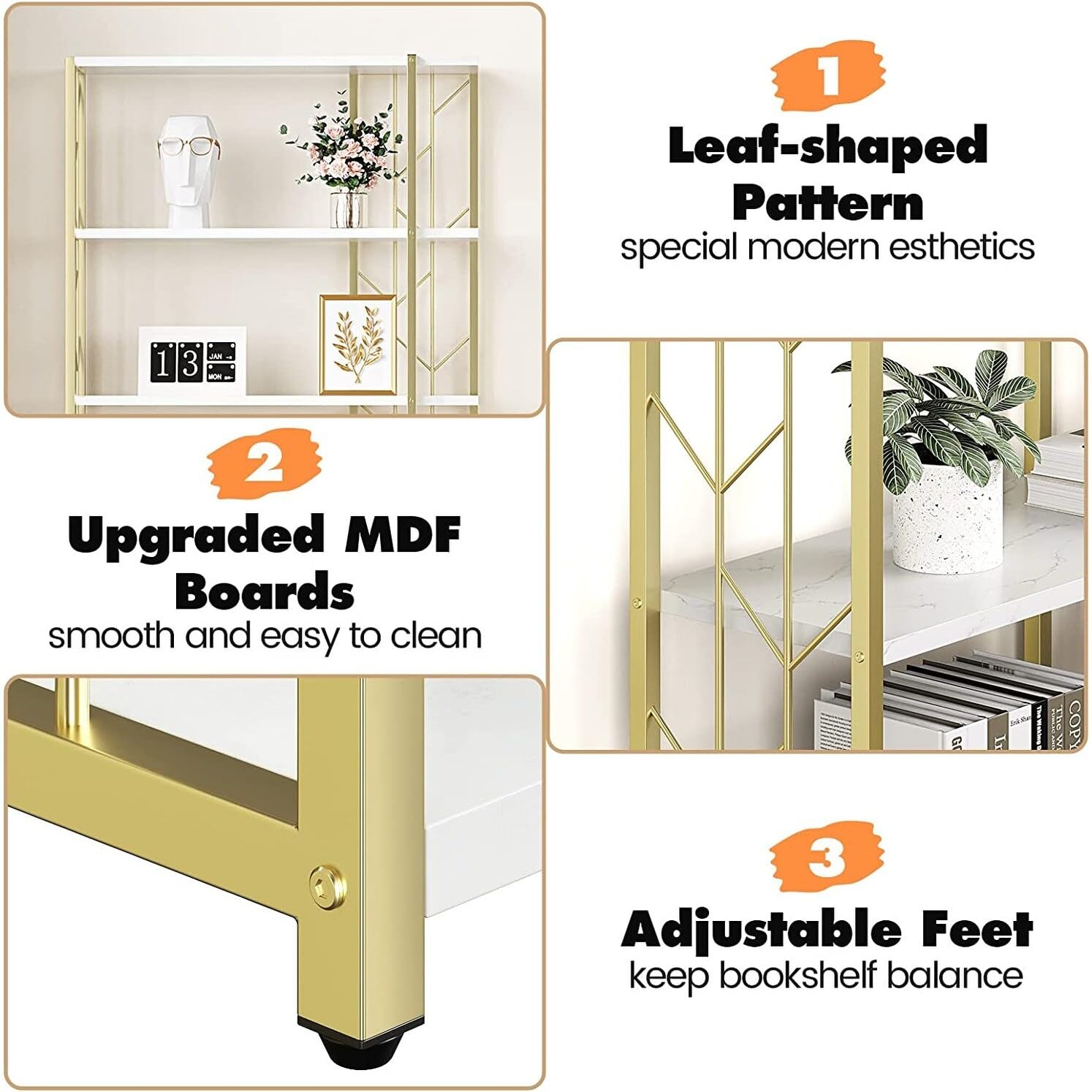 Bookshelf 6 Tier Bookcase Modern Storage Rack Shelf Tall Standing Bookshelves Gold Vintage Rectangular Wood Finish Solid