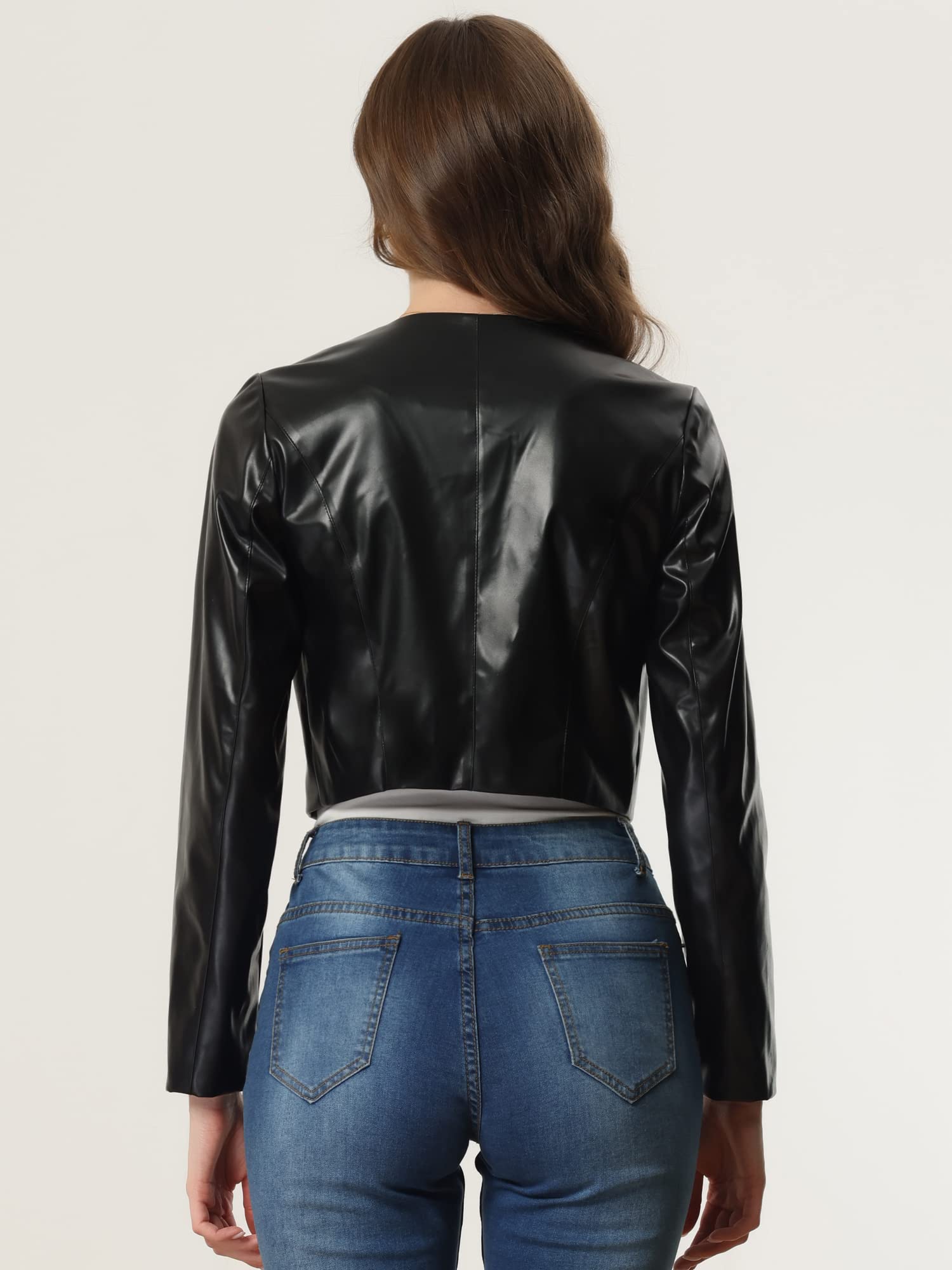Allegra K Faux Leather Jacket for Women's Long Sleeve Short Coat Moto Biker Cropped PU Jackets X-Small Black
