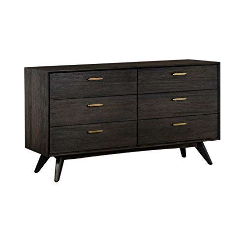 Loft 6-Drawer Acacia Mid-Century Modern Bedroom Dresser, 63" Wide, Brushed Brown-Grey