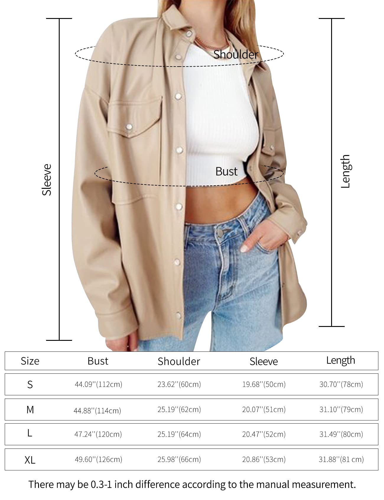 Gihuo Womens Faux Leather Jacket PU Shacket Button Down Biker Long Sleeve Lapel Blazer Coat Outwear with Pocket(01Apricot-L)
