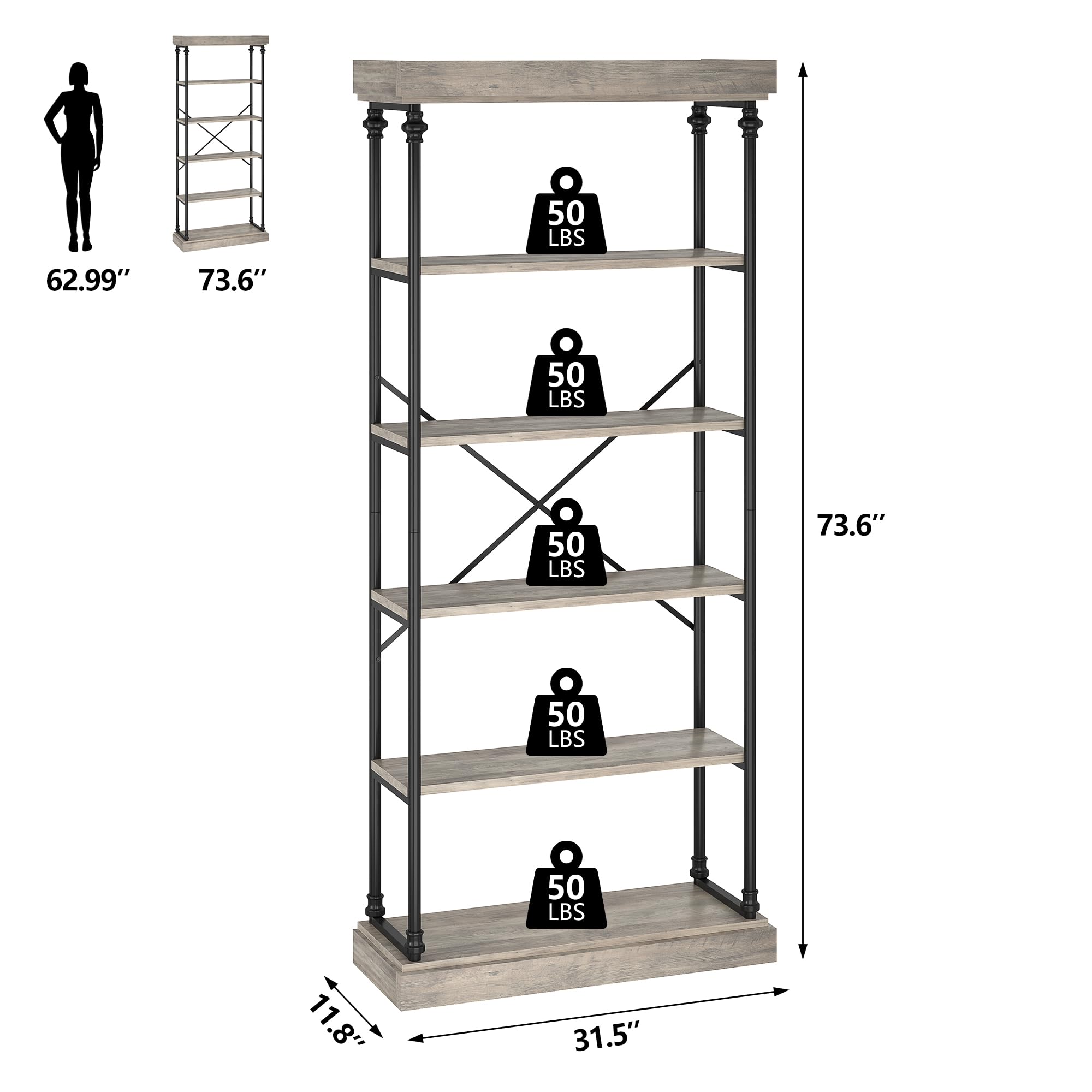 IDEALHOUSE Industrial Bookshelf Wood Bookcase 6 Tier Storage Open Rack Shelf with Metal Frame Rustic Tall Standing Bookshelves Large Grey Display Rack for Bedroom,Living Room and Home Office