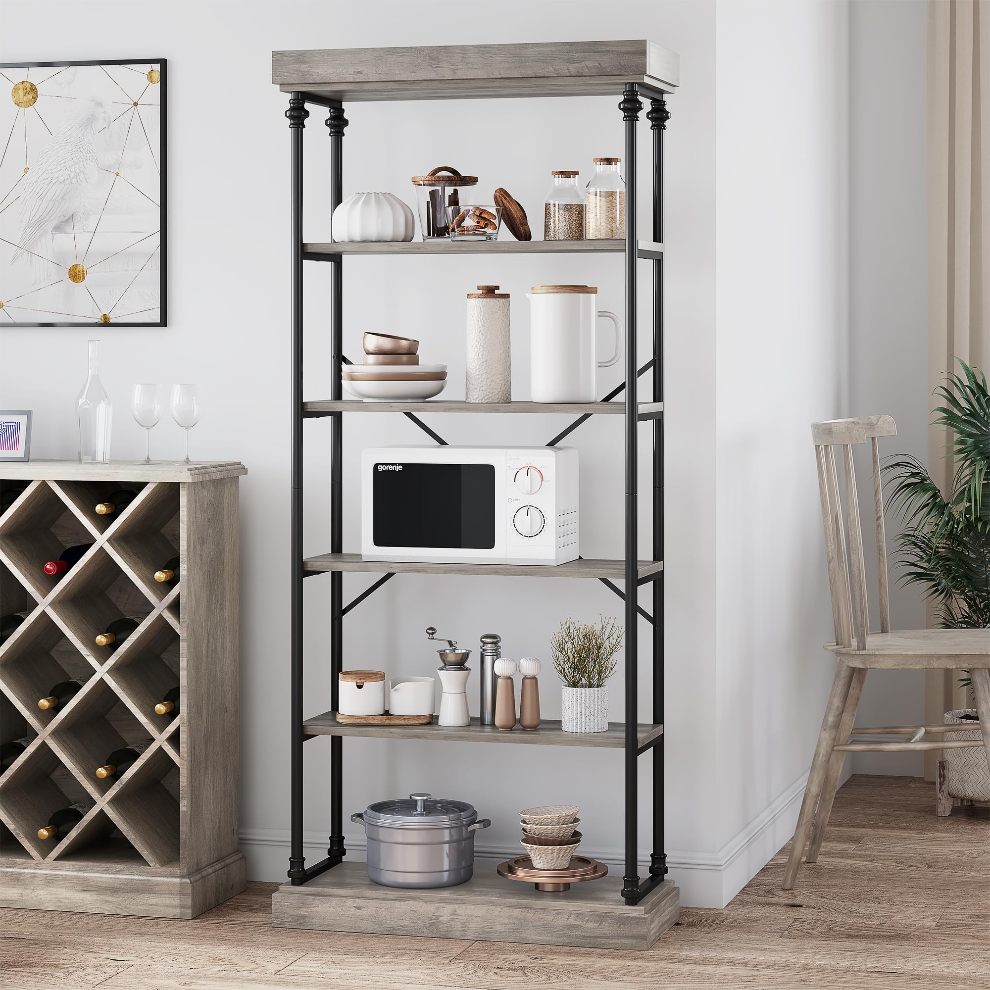 IDEALHOUSE Industrial Bookshelf Wood Bookcase 6 Tier Storage Open Rack Shelf with Metal Frame Rustic Tall Standing Bookshelves Large Grey Display Rack for Bedroom,Living Room and Home Office