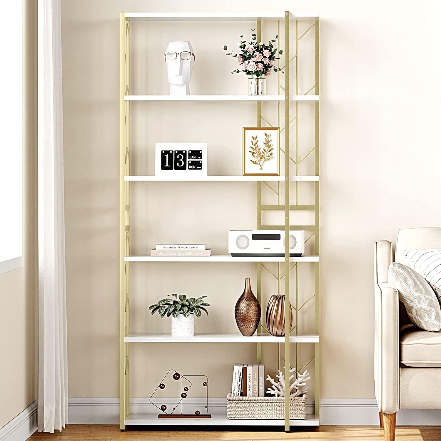 Bookshelf 6 Tier Bookcase Modern Storage Rack Shelf Tall Standing Bookshelves Gold Vintage Rectangular Wood Finish Solid