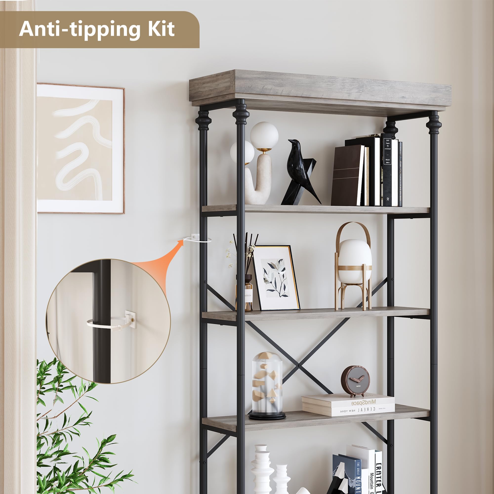 IDEALHOUSE Industrial Bookshelf Wood Bookcase 6 Tier Storage Open Rack Shelf with Metal Frame Rustic Tall Standing Bookshelves Large Grey Display Rack for Bedroom,Living Room and Home Office