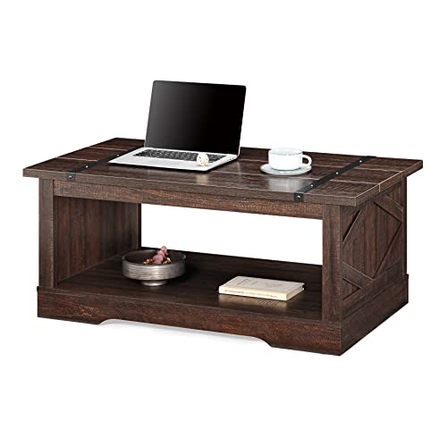 WAMPAT Modern Farmhouse Coffee Table, Rectangle Wood Center Table with Open Storage for Living Room, Spliced Wood Desktop, Riveted Metal Bars, Prismatic Decor, 42 Inch, Rustic Brown