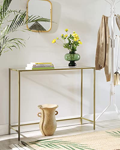VASAGLE 39.4” Console Table, Tempered Glass Sofa Table, Modern Entryway Table, Metal Frame, Easy to Assemble, Adjustable Feet, for Living Room, Hallway, Gold Color ULGT26G