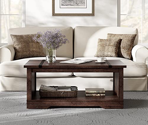 WAMPAT Modern Farmhouse Coffee Table, Rectangle Wood Center Table with Open Storage for Living Room, Spliced Wood Desktop, Riveted Metal Bars, Prismatic Decor, 42 Inch, Rustic Brown