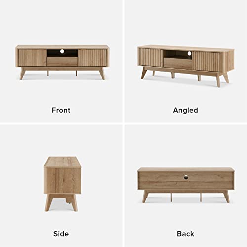mopio Brooklyn Mid-Century Modern 57" TV Stand with Drawer, for TVs up to 59β Waveform Panel, Sleek Curved Profile with Adjustable Shelf and Sturdy Box Frame Leg (Golden Oak, 57")