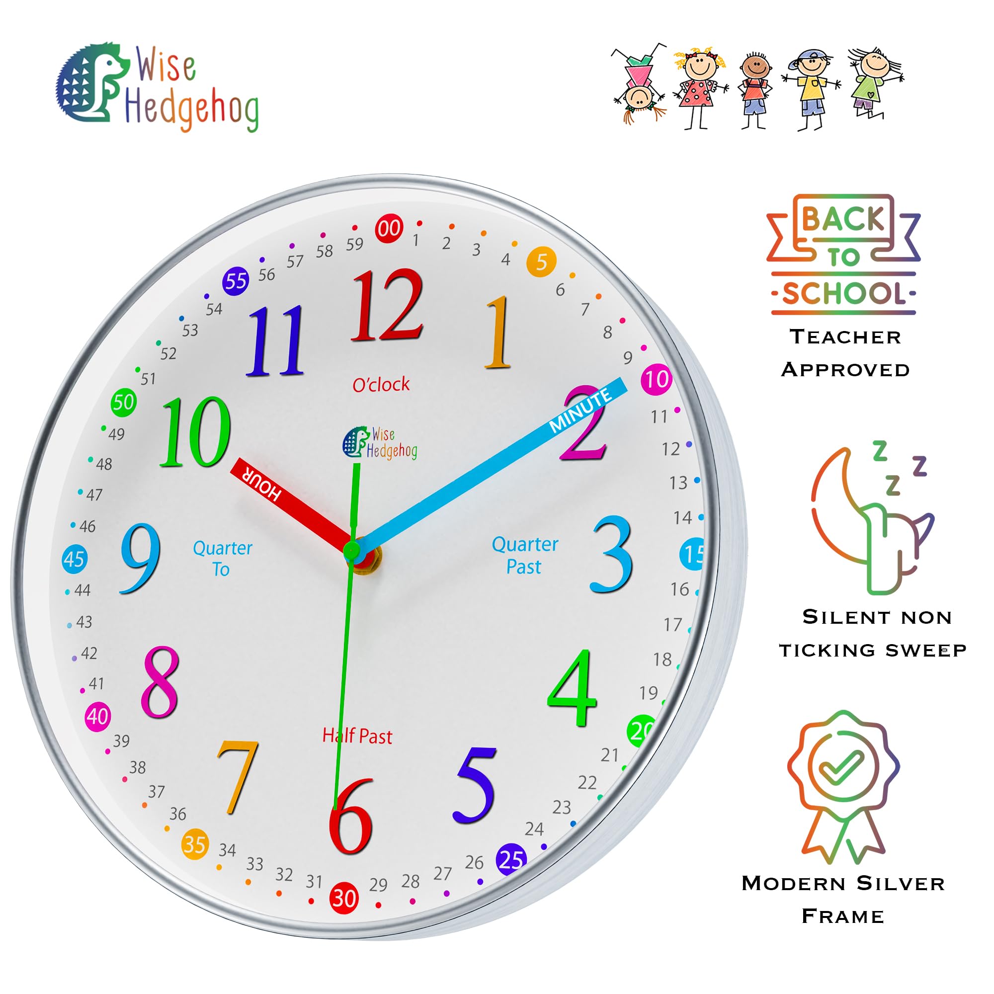 WISE HEDGEHOG Learning Clock for Kids, Silent Non Ticking, Telling Time Teaching Clock, Kids Room Wall Decor for Bedrooms, Analog Kids Clock for Teaching Time, Kids Learn to Tell Time Easily