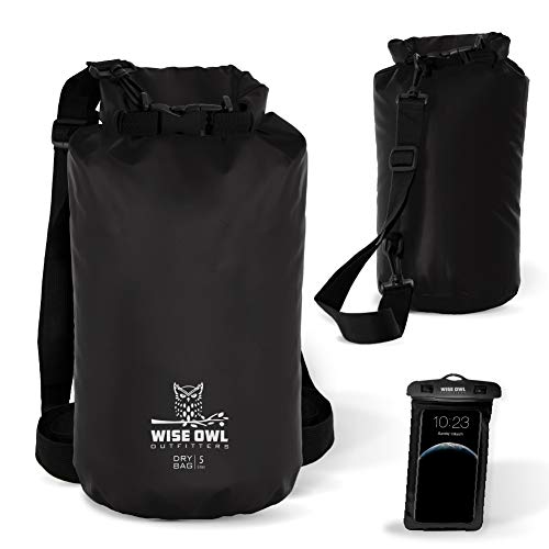 Wise Owl Outfitters Waterproof Dry Bag Backpack - Thick, Durable Water Bag for Kayaking, Camping, Boating, Beach and Outdoor Water Sports - Black, 5L