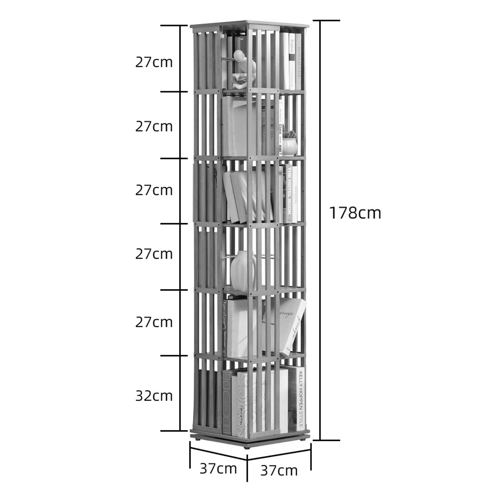 TVDPI Bamboo 360 Rotating Bookshelf, 6 Tier Floor Standing Bookcase Storage Shelves, Removable Divider, for Home Office Living Room Study