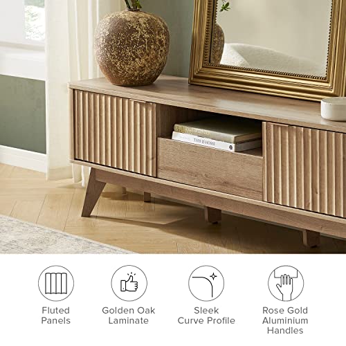 mopio Brooklyn Mid-Century Modern 57" TV Stand with Drawer, for TVs up to 59β Waveform Panel, Sleek Curved Profile with Adjustable Shelf and Sturdy Box Frame Leg (Golden Oak, 57")