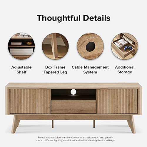 mopio Brooklyn Mid-Century Modern 57" TV Stand with Drawer, for TVs up to 59β Waveform Panel, Sleek Curved Profile with Adjustable Shelf and Sturdy Box Frame Leg (Golden Oak, 57")