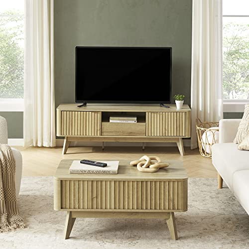 mopio Brooklyn Mid-Century Modern 57" TV Stand with Drawer, for TVs up to 59β Waveform Panel, Sleek Curved Profile with Adjustable Shelf and Sturdy Box Frame Leg (Golden Oak, 57")