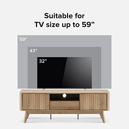 mopio Brooklyn Mid-Century Modern 57" TV Stand with Drawer, for TVs up to 59β Waveform Panel, Sleek Curved Profile with Adjustable Shelf and Sturdy Box Frame Leg (Golden Oak, 57")