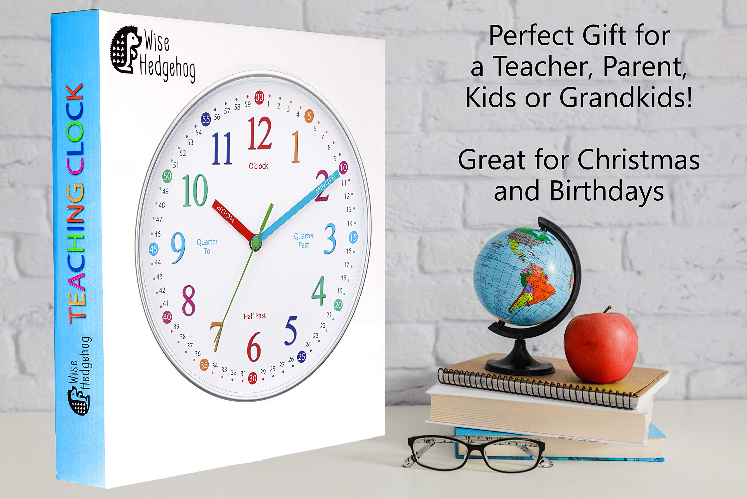 WISE HEDGEHOG Learning Clock for Kids, Silent Non Ticking, Telling Time Teaching Clock, Kids Room Wall Decor for Bedrooms, Analog Kids Clock for Teaching Time, Kids Learn to Tell Time Easily