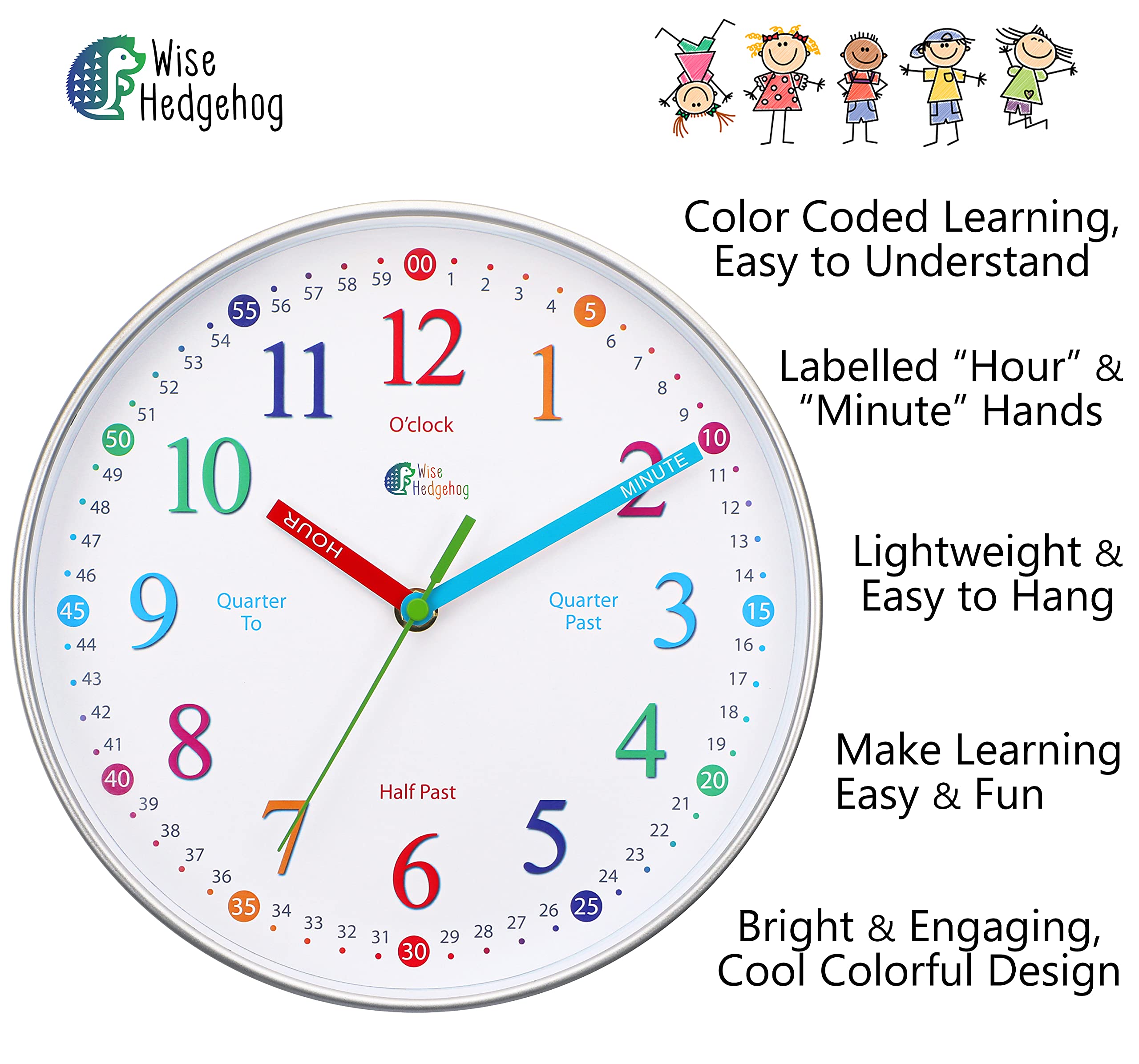 WISE HEDGEHOG Learning Clock for Kids, Silent Non Ticking, Telling Time Teaching Clock, Kids Room Wall Decor for Bedrooms, Analog Kids Clock for Teaching Time, Kids Learn to Tell Time Easily