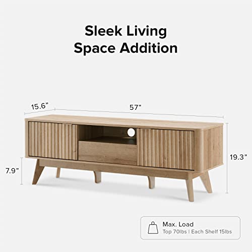 mopio Brooklyn Mid-Century Modern 57" TV Stand with Drawer, for TVs up to 59β Waveform Panel, Sleek Curved Profile with Adjustable Shelf and Sturdy Box Frame Leg (Golden Oak, 57")