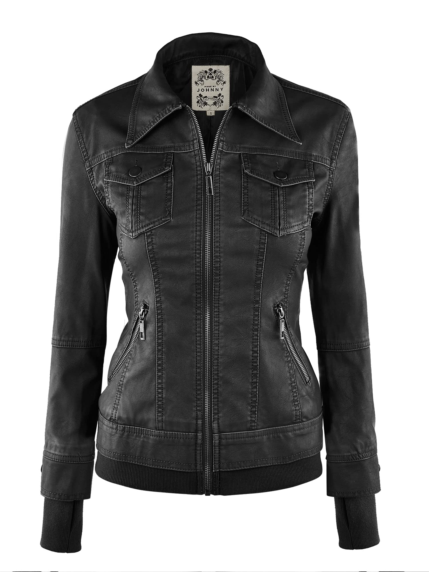 Made By Johnny MBJ WJC664 Womens Faux Leather Jacket with Hoodie M Black