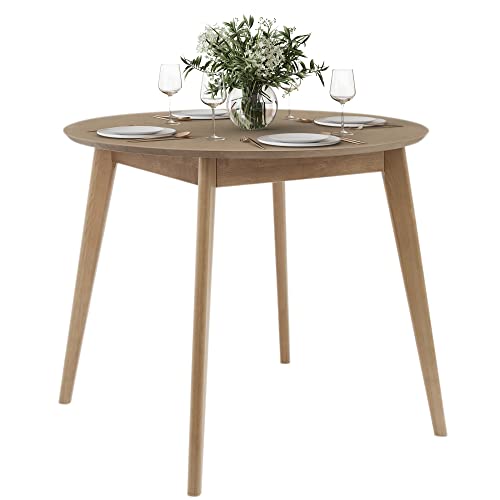 DAIVA CASA Orion 37 inch Round Wooden Dining Table Birch Circle Dinner Table Solid Wood Kitchen & Dining Room Tables/Scandinavian Furniture Mid Century Modern Table Brown Small Dining Room Table