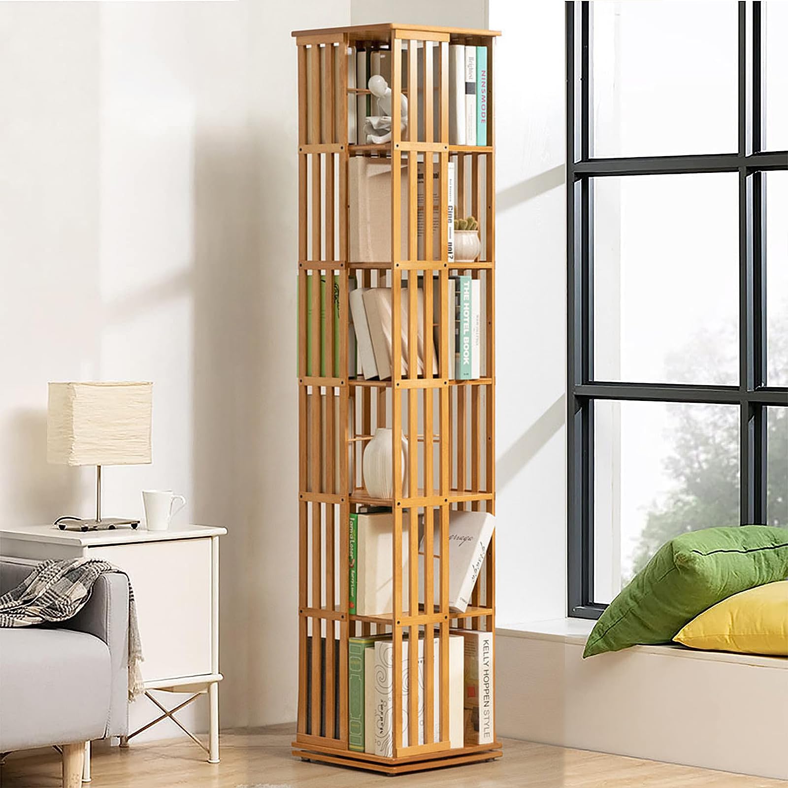 TVDPI Bamboo 360 Rotating Bookshelf, 6 Tier Floor Standing Bookcase Storage Shelves, Removable Divider, for Home Office Living Room Study