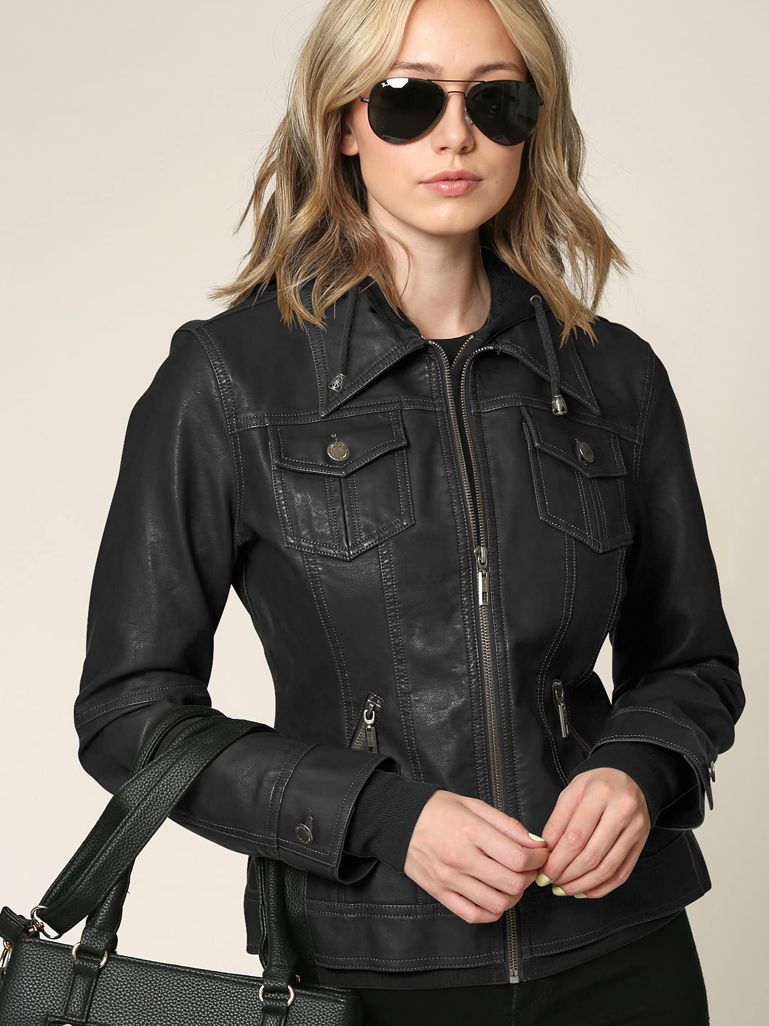 Made By Johnny MBJ WJC664 Womens Faux Leather Jacket with Hoodie M Black