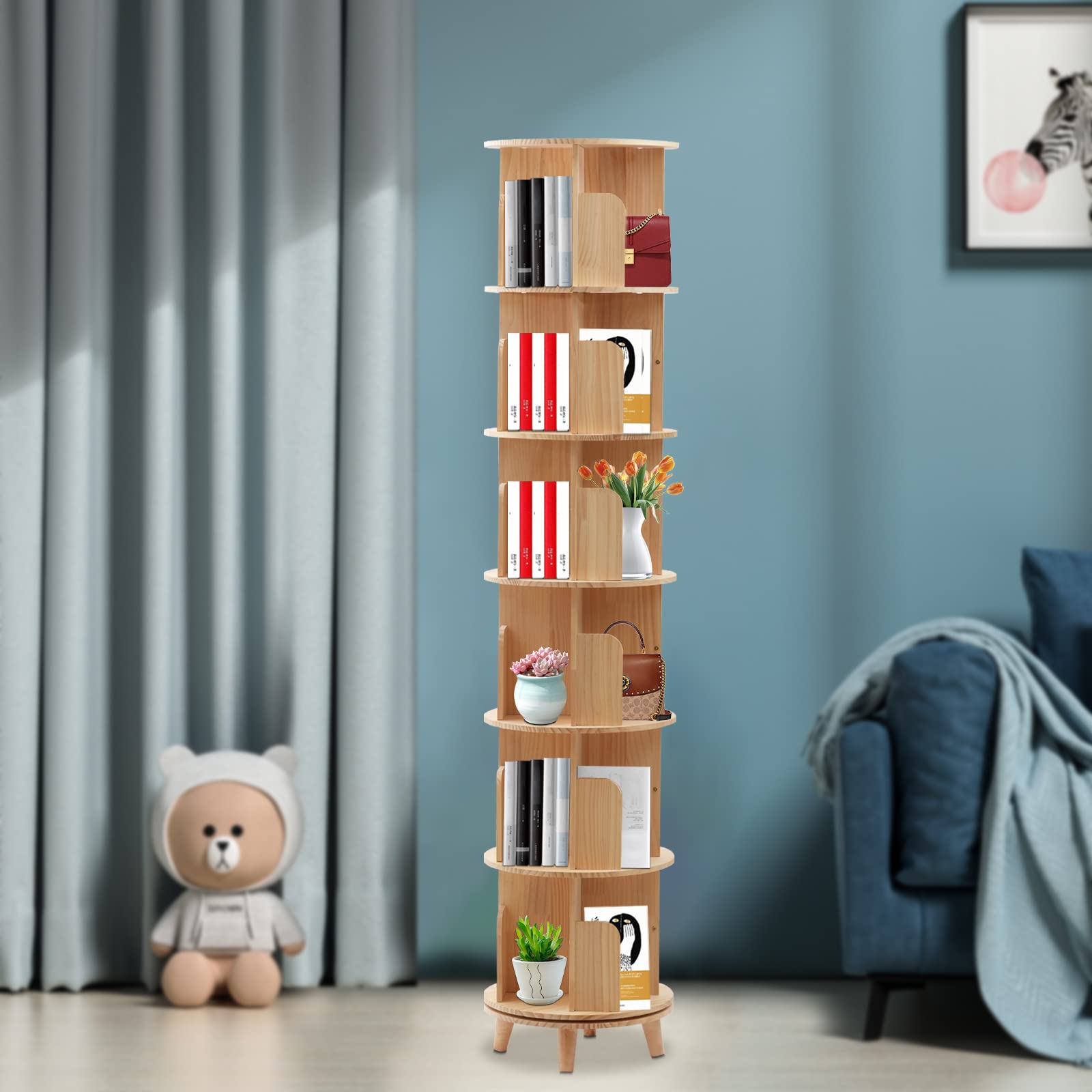 PAREKS 6 Tiers Rotating Bookshelf 360 Display Floor Standing Bookcase Storage Rack for Kids&Adults Multi-Functional Bookshelf Organizer/2444