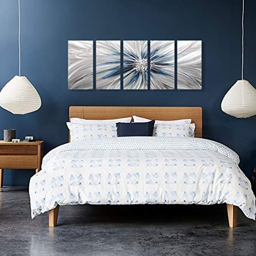 RICHSPACE ARTS Contemporary Metal Wall Art Blue and Silver Modern Sculpture Decor for Living Room 3d Flower Aluminum Artwork for Home and Office