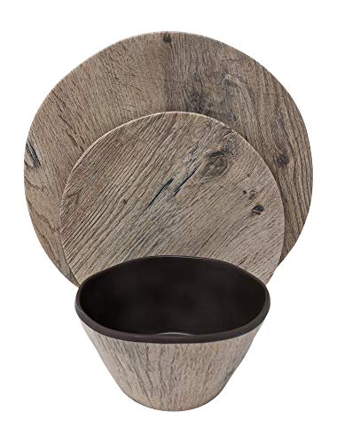 Gianna's Home 12 Piece Rustic Farmhouse Melamine Heavy Weight Plastic Dinnerware Set Wood Grain