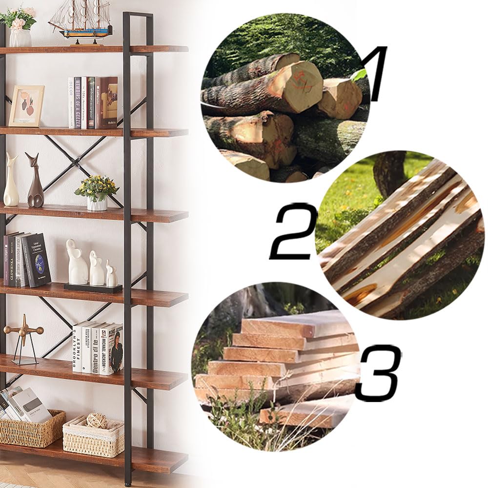 HSH Solid Wood Bookshelf, 6 Tier Tall Industrial Etagere Bookcase and Storage Shelves Heavy Duty, Rustic Large Open Vertical Metal Natural Real Wood Book Shelf for Bedroom Living Room Distressed Brown