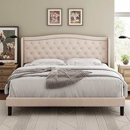 HOSTACK King Size Bed Frame, Modern Upholstered Platform Bed with Wingback Headboard, Heavy Duty Button Tufted Bed Frame with Wood Slat Support, Easy Assembly, No Box Spring Needed(Beige, King)