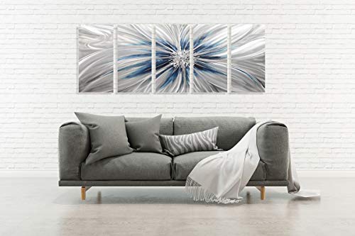 RICHSPACE ARTS Contemporary Metal Wall Art Blue and Silver Modern Sculpture Decor for Living Room 3d Flower Aluminum Artwork for Home and Office