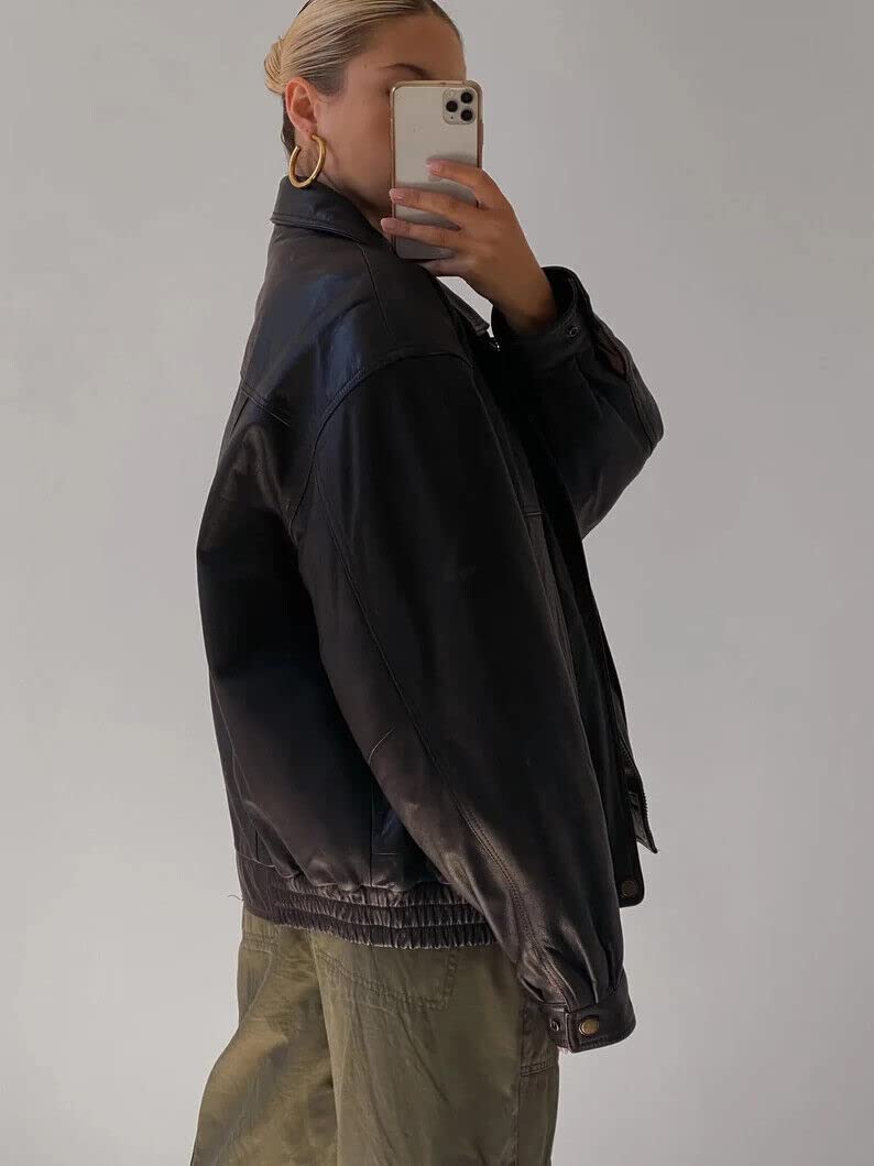 90's Oversized Bomber Jacket Retro Vintage Classic Leather Jacket | women jacket