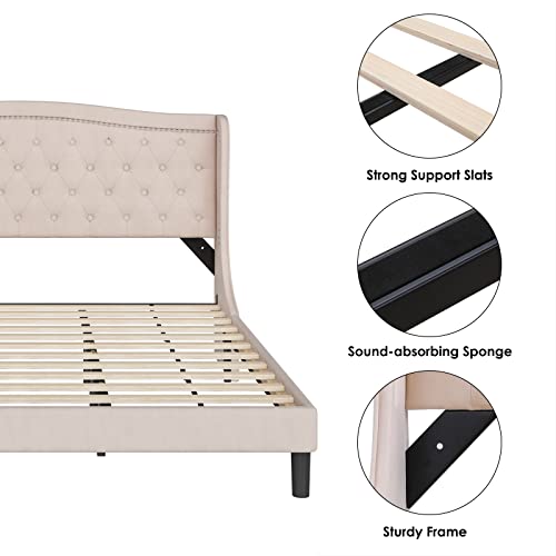 HOSTACK King Size Bed Frame, Modern Upholstered Platform Bed with Wingback Headboard, Heavy Duty Button Tufted Bed Frame with Wood Slat Support, Easy Assembly, No Box Spring Needed(Beige, King)
