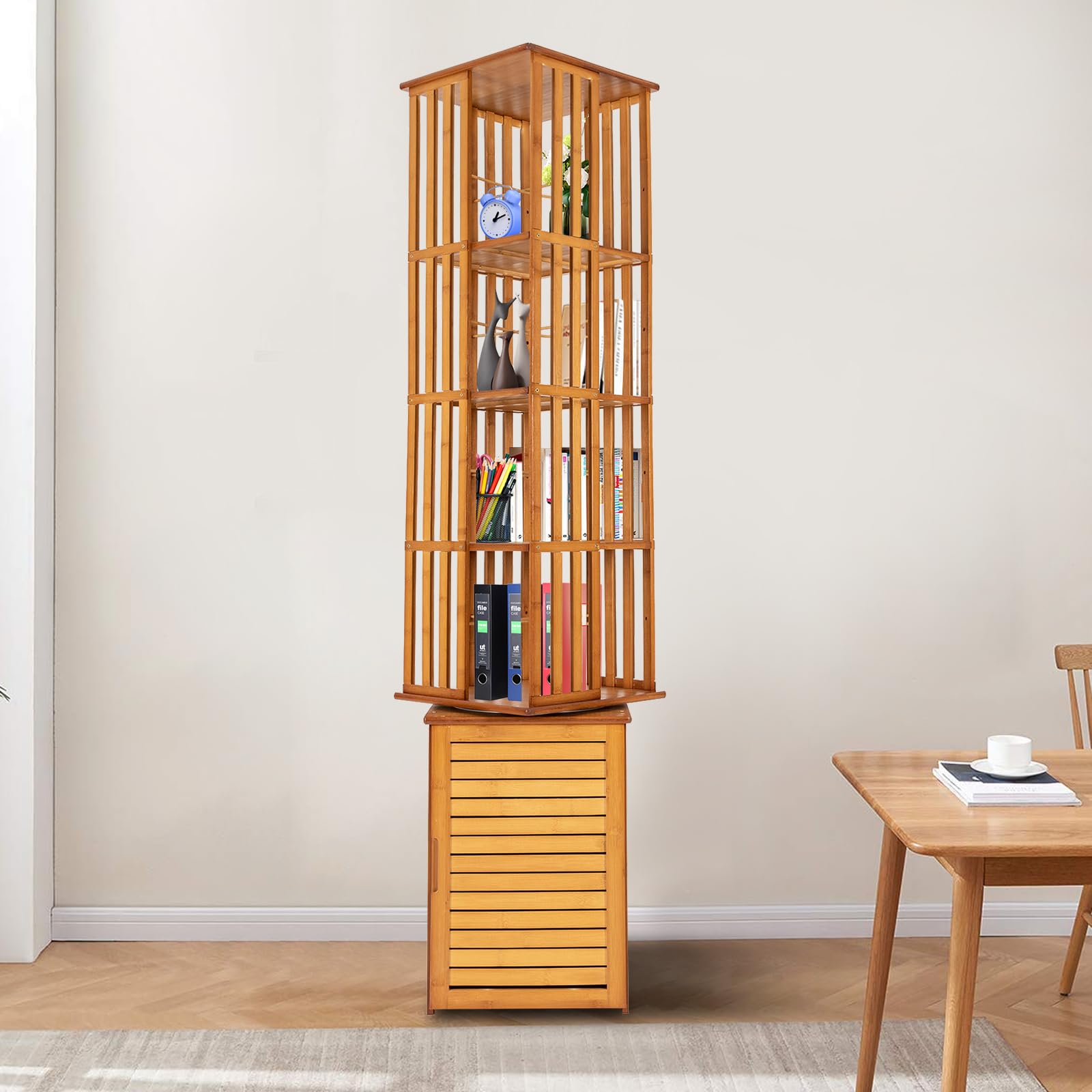 Rotating Bookshelf Bookcase, 6-Tier Corner Bamboo Book Shelf, 360° Display Rotating Storage Rack, Freestanding Bookcases with Open Design Shelving for Living Room Study Room Office (Dark Wood Color)